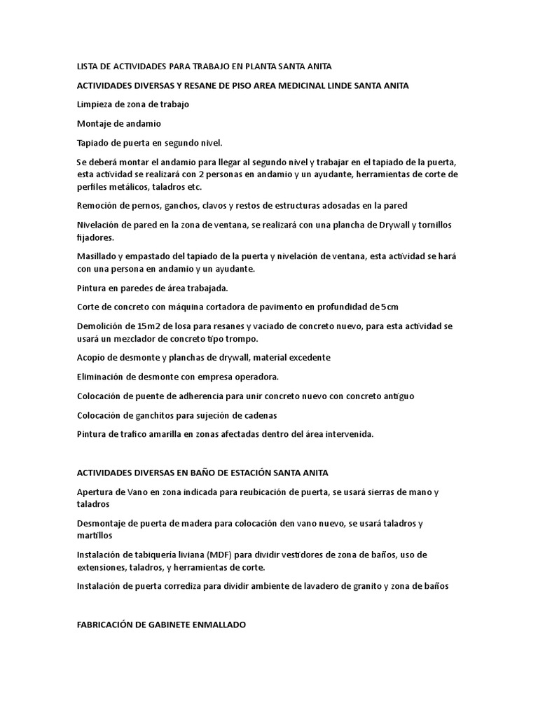 Lista de Actividades para Trabajo en Planta Santa Anita | PDF