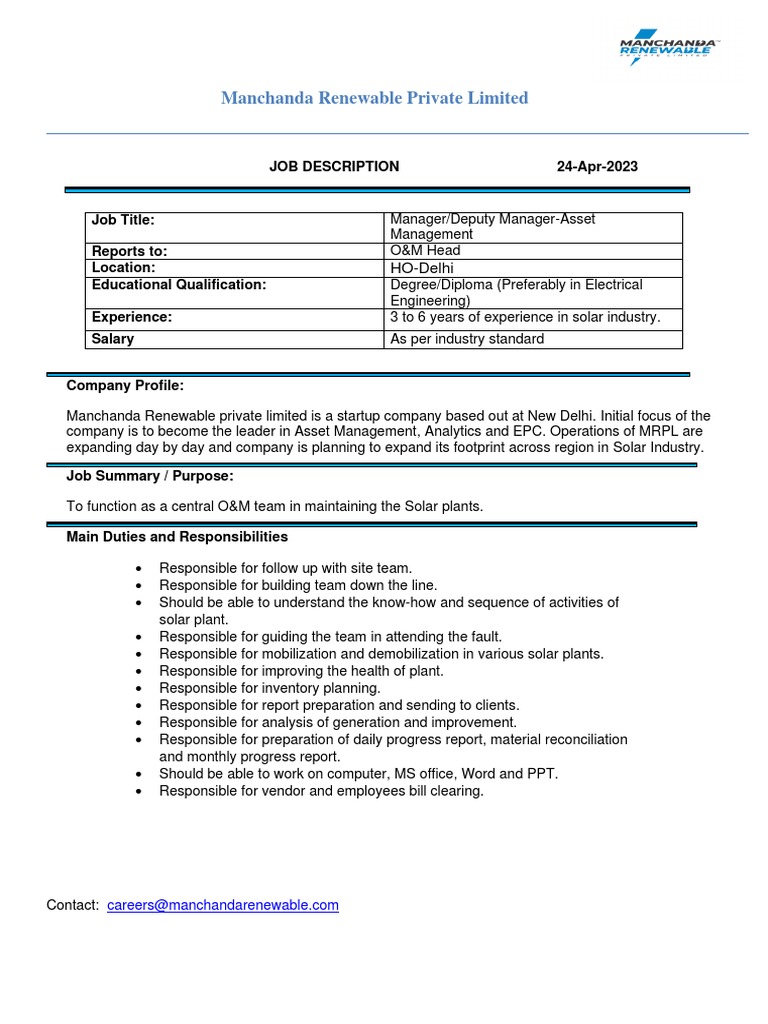 Solar Asset Management Manager Job | PDF