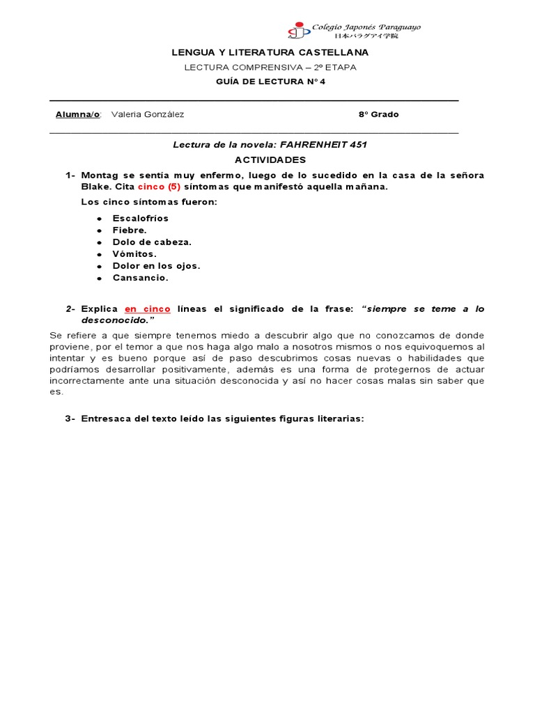 8° G - Guía de Lectura 4 - Fahrenheit 451 | PDF