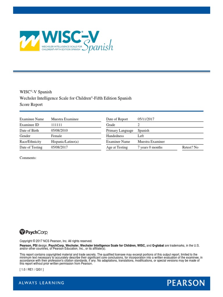 Wisc V Spanish Sample Report Spanish1 | Download Free PDF | Wechsler ...