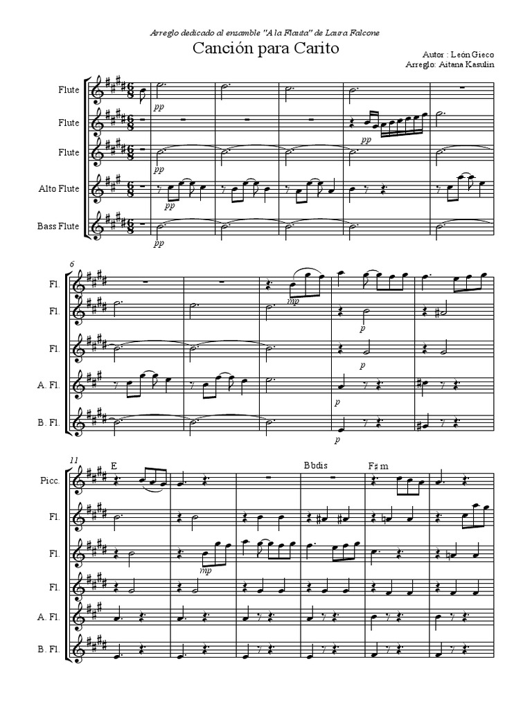 Canción para Carito. Arreglo para Cuarteto de Flautas - Kasulin | PDF ...