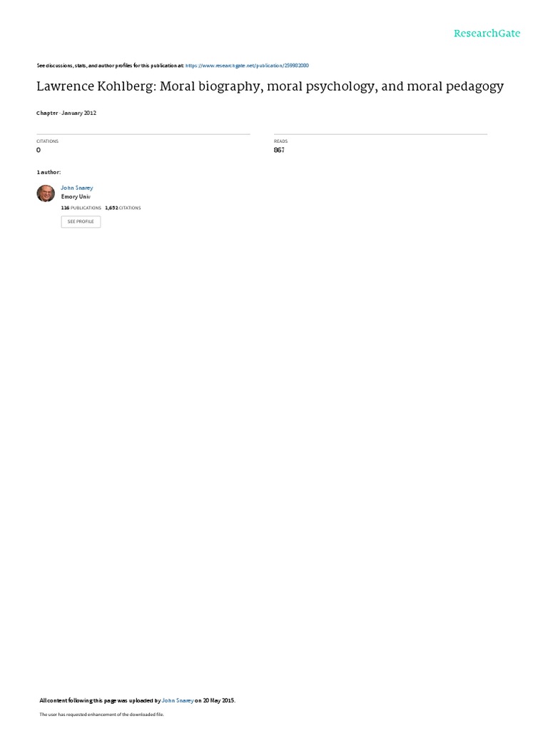 Snarey 2012 Kohlberg Biography Chapin Portraitsof Pioneers | PDF
