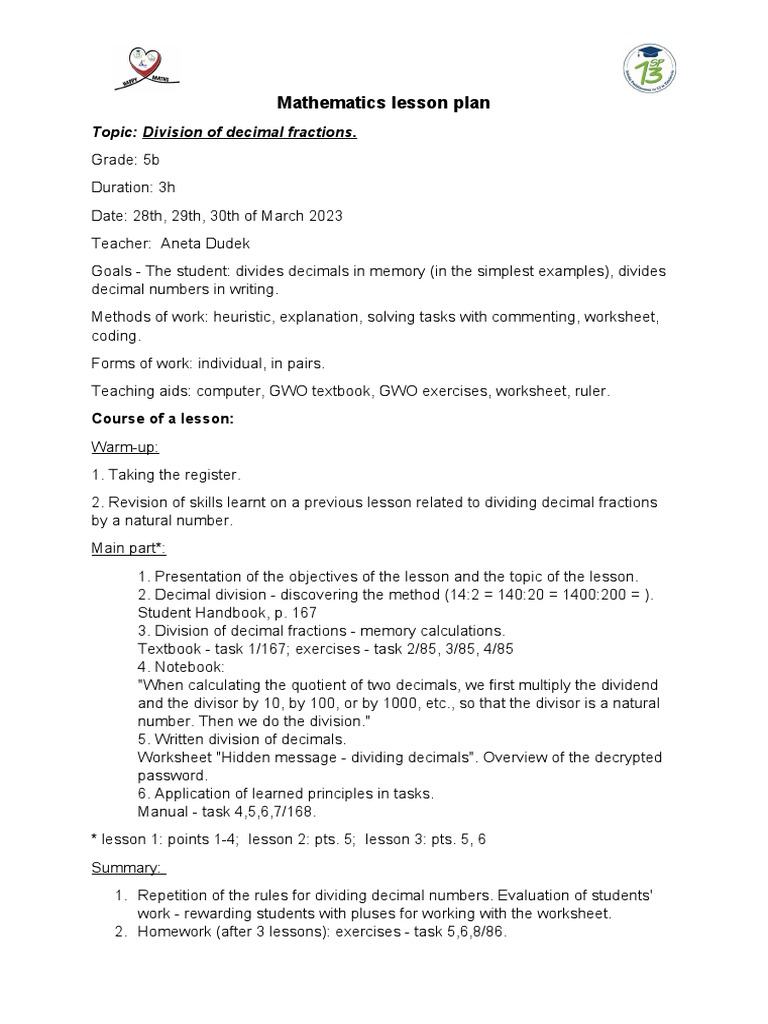 Dividing Decimal Fractions Lesson Plan | PDF