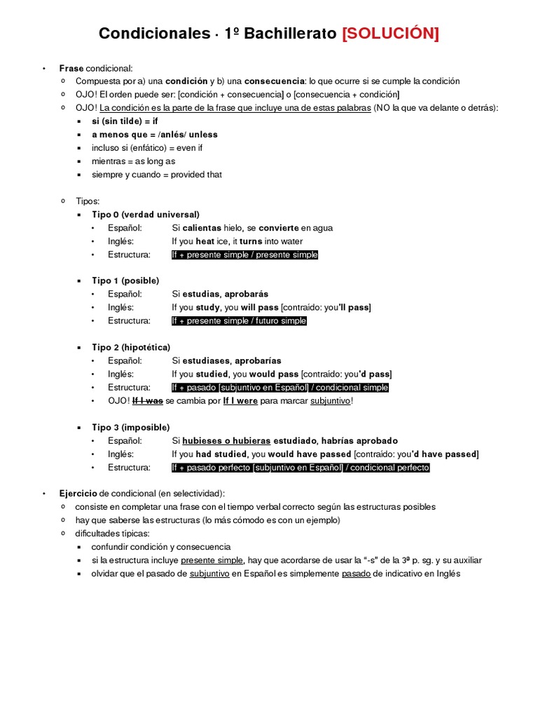 Solución Condicionales 1º Bachillerato | PDF | Mecánica del lenguaje ...