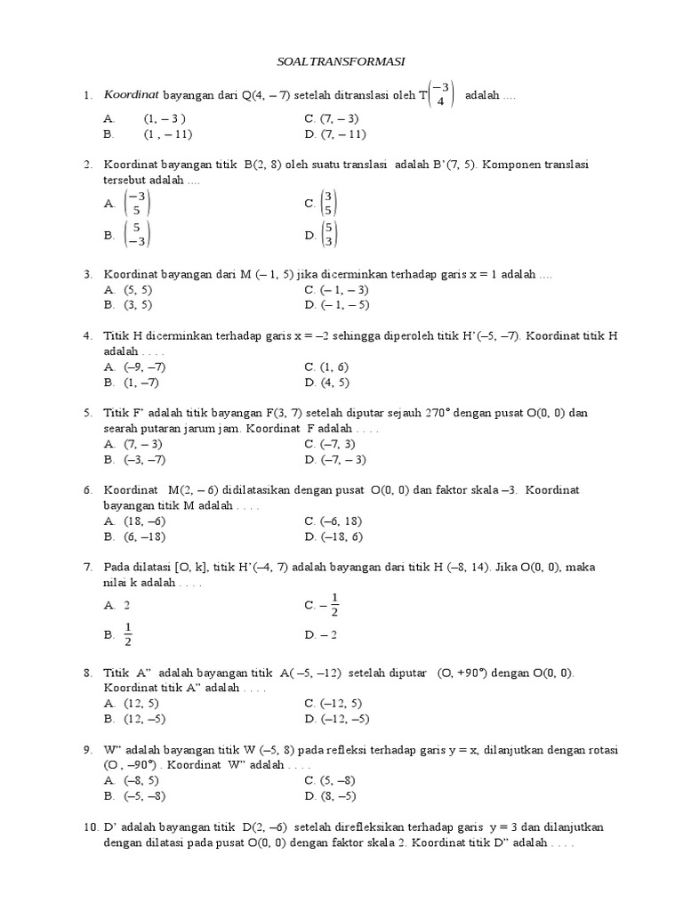 Soal Transformasi Geometri Kelas 11 | PDF