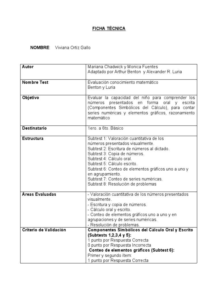 Ficha Tecnica Benton y Luria | PDF | Cognición | Ciencia cognitiva