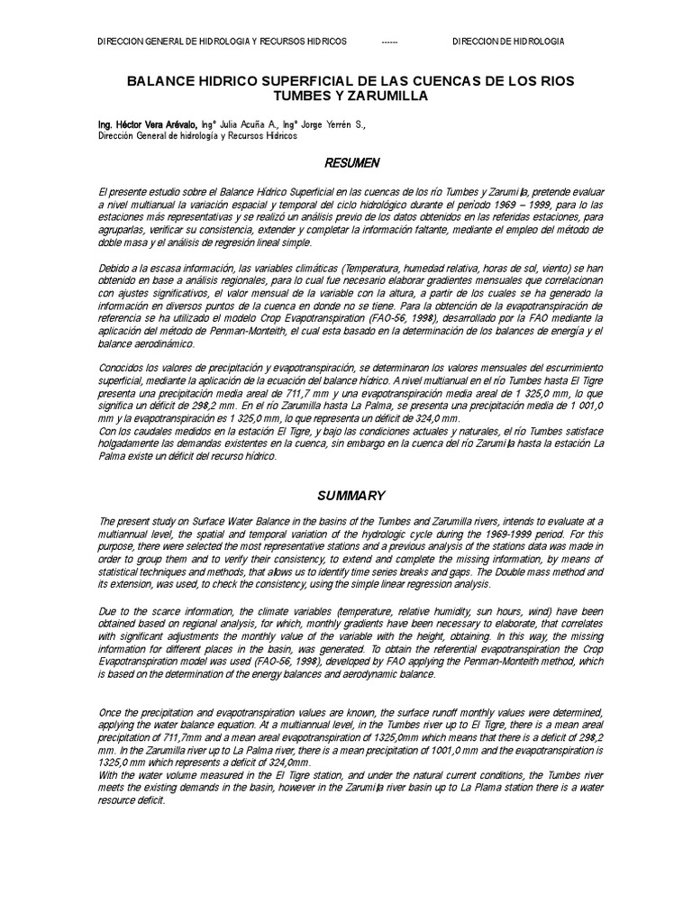 Balance Hídrico de Ríos Tumbes y Zarumilla | PDF | Precipitación | Río