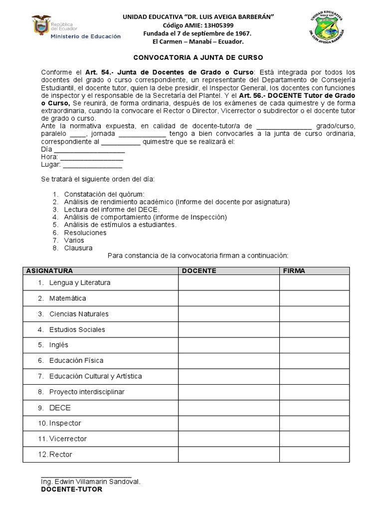 Formato - Convocatoria Junta de Curso | PDF