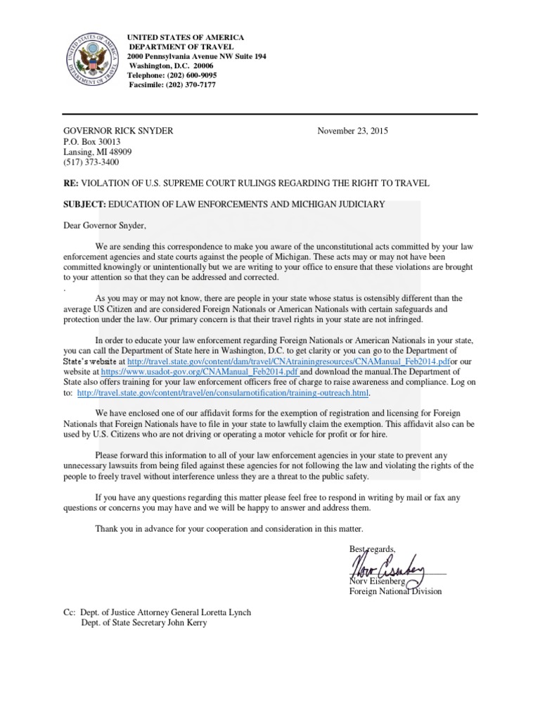 MI - Governor-Letter Dept of Travel | PDF | Justice | Crime & Violence