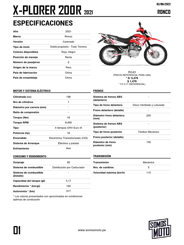 Especificaciones Ronco Xplorer 200R 2021 | PDF | Motocicleta | Vehículos