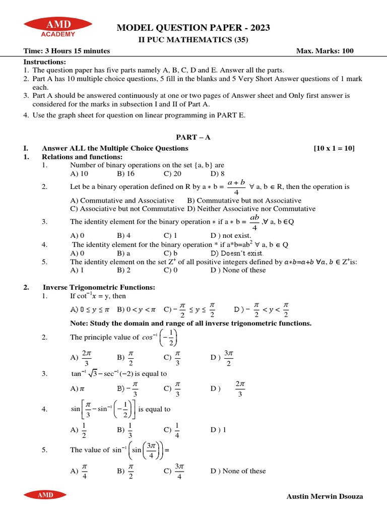 Ii Pu Revision - Model Question Paper 2023 (Amd) | PDF | Plane (Geometry) | Matrix (Mathematics)