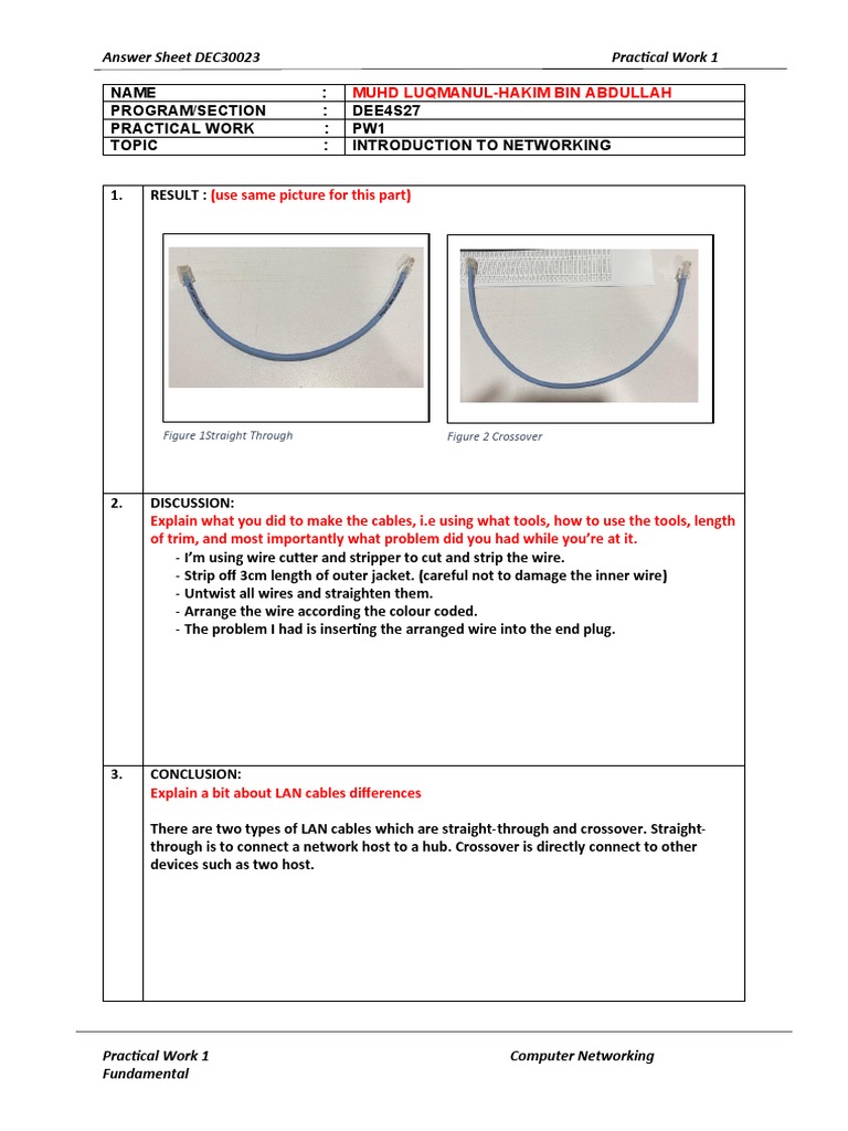 PW1 Answer Sheet - f2f | PDF
