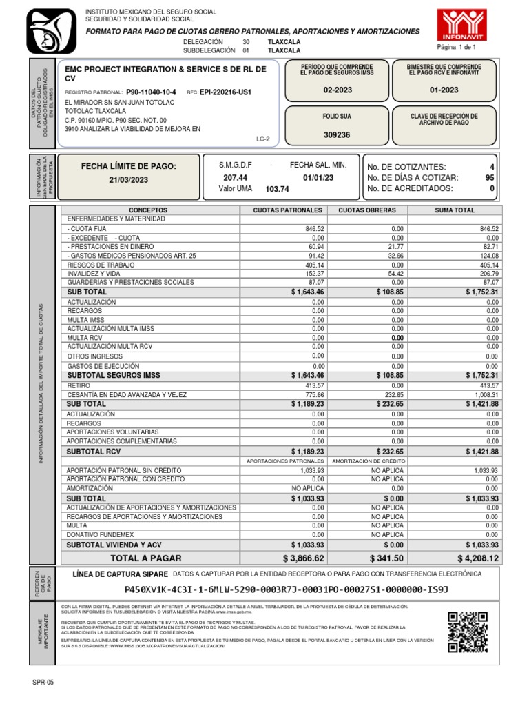 Formato para Pago de Cuotas Obrero Patronales 1 Bim 2023 Emc | PDF