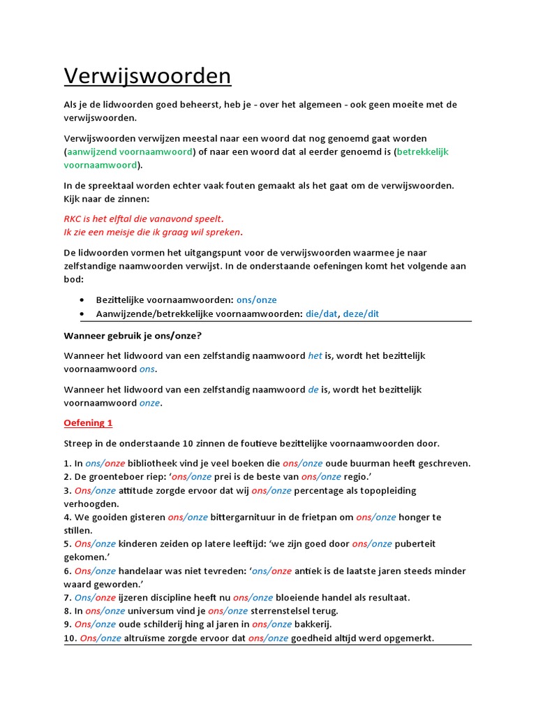 Oefeningen Verwijswoorden (Lidwoorden) | PDF