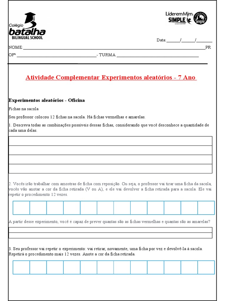 Atividade Complementar Experimentos Aleatórios - 7 Ano | PDF | Probabilidade | Roleta