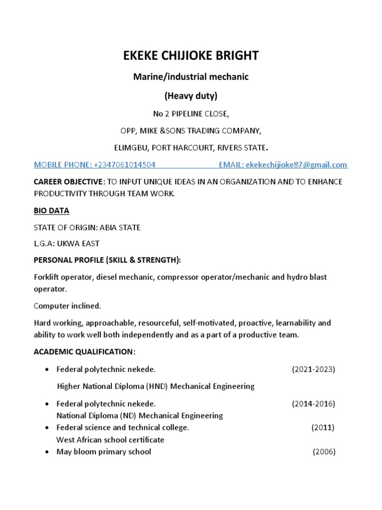 Marine Mechanic CV: Ekeje Chijioke Bright | PDF | Engines | Physical ...