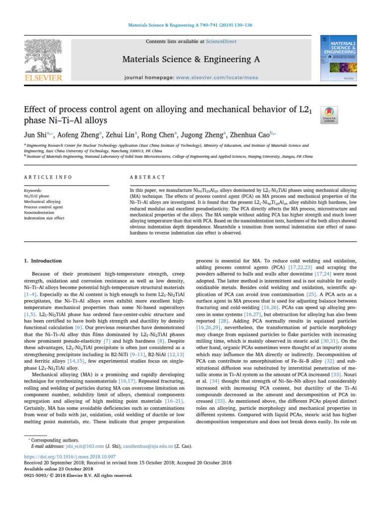 Effect of Process Control Agent On Alloying and Mechanical Behavior of L21 Phase Ni-Ti-Al Alloys ...