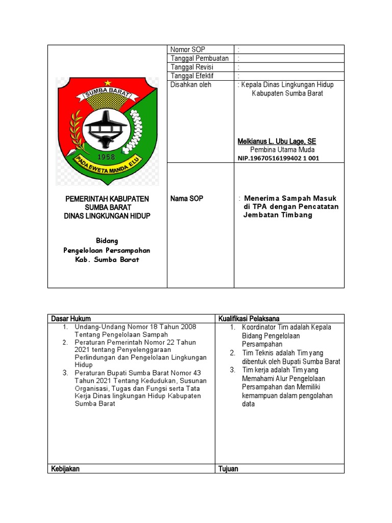 G.1 SOP Menerima Samapah Masuk Di TPA Dengan Pencatatan Jembatan Timbang | PDF