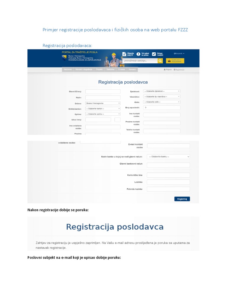 Primjer Registracije Poslodavaca I Fizickih Lica Na Web Portalu FZZZ ...