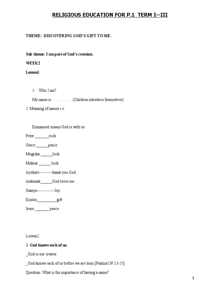 P.1 Religious Education Term I Iii Discovering Gods Gift To Me | PDF ...