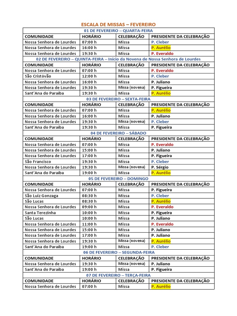 Escalas Missa - Fevereiro | PDF | Missa (liturgia) | Eucaristia