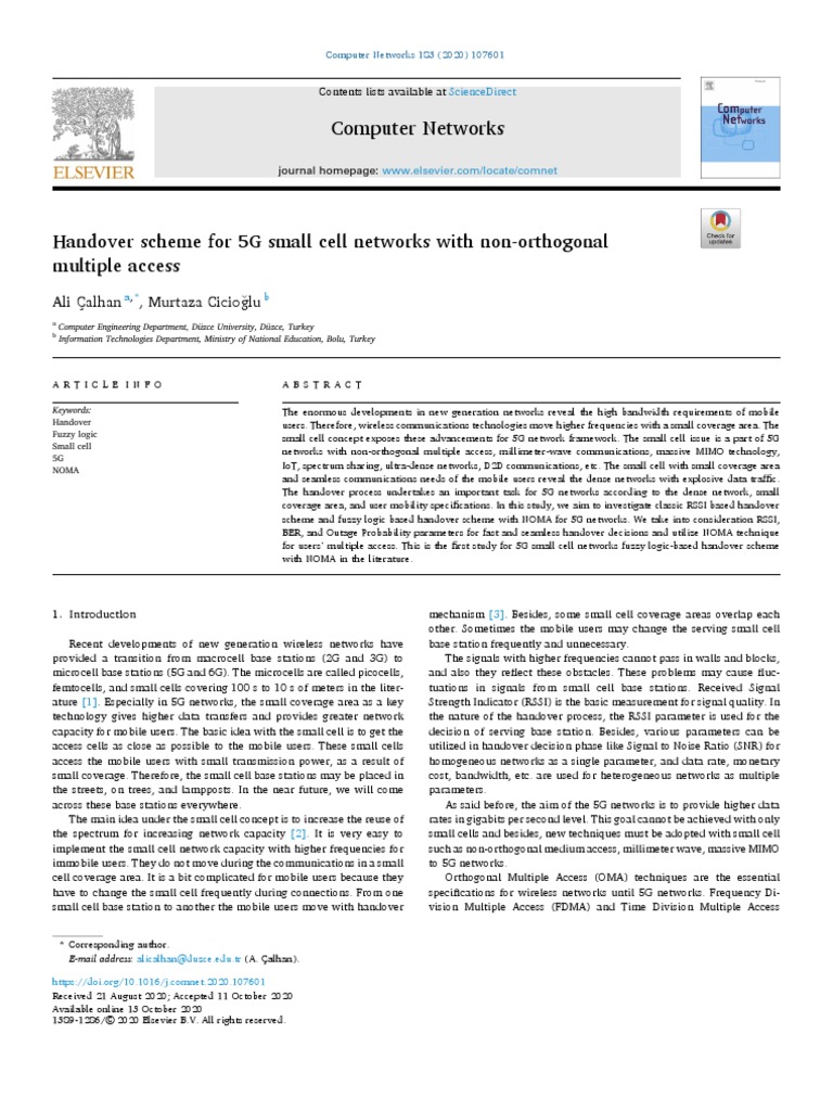 Paper - Handover Scheme For 5G Small Cell Networks | PDF | Channel Access Method | Fuzzy Logic