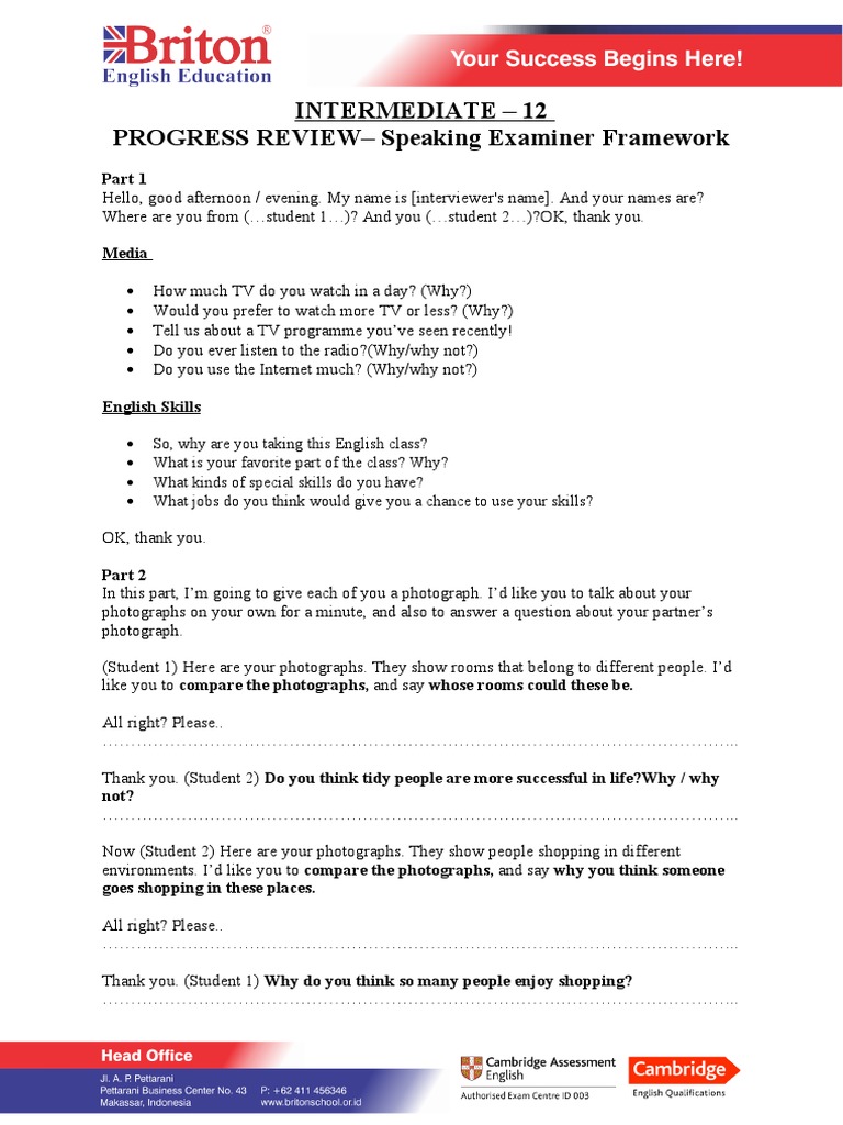 Intermediate 12 - Progress Review (Speaking) | PDF