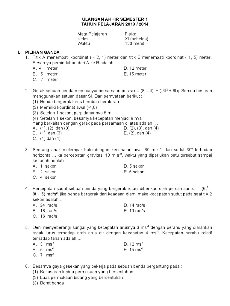 Soal Uas Fis KLS Xi Sem 1 2013-2014 | PDF
