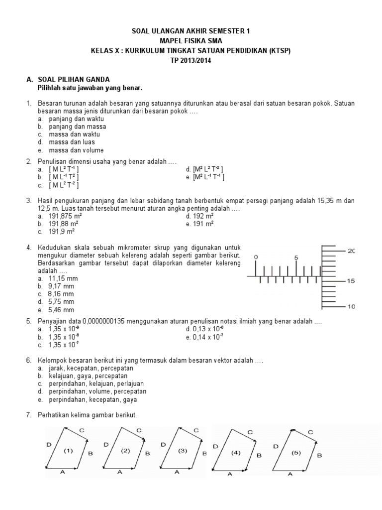 Soal Uas Fis KLS X KTSP Sem 1 2013-2014 | PDF Soal Uas Fis KLS X KTSP Sem 1 2013-2014 | PDF