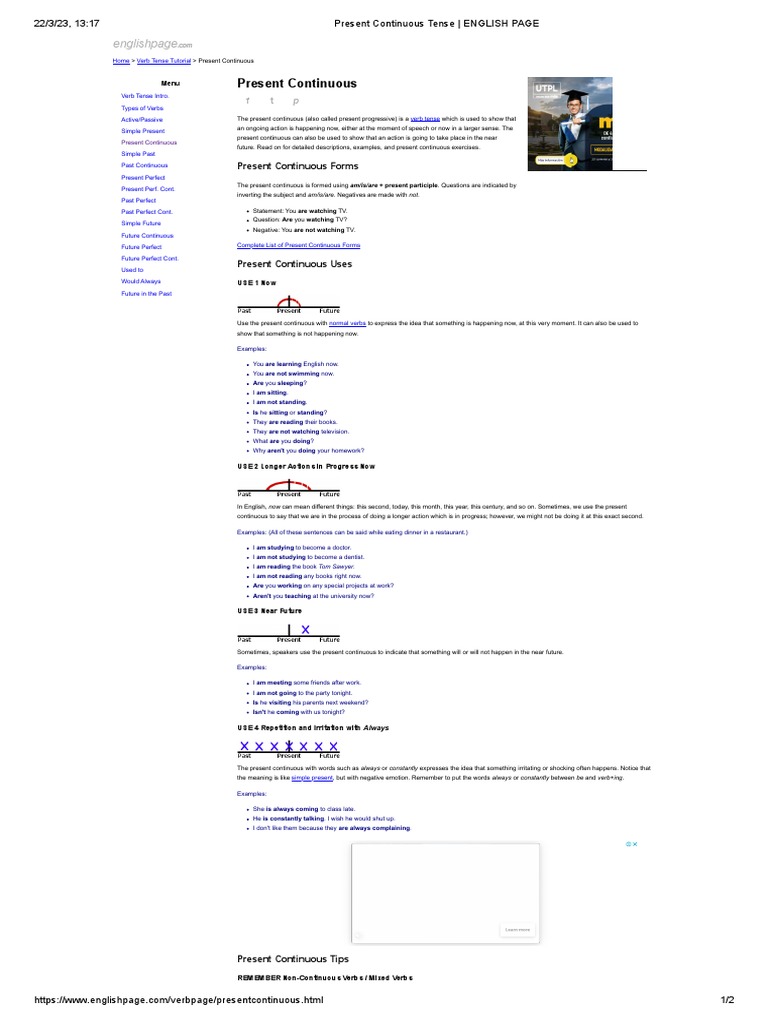 Present Continuous Tense _ ENGLISH PAGE | PDF | Verb | Grammatical Tense