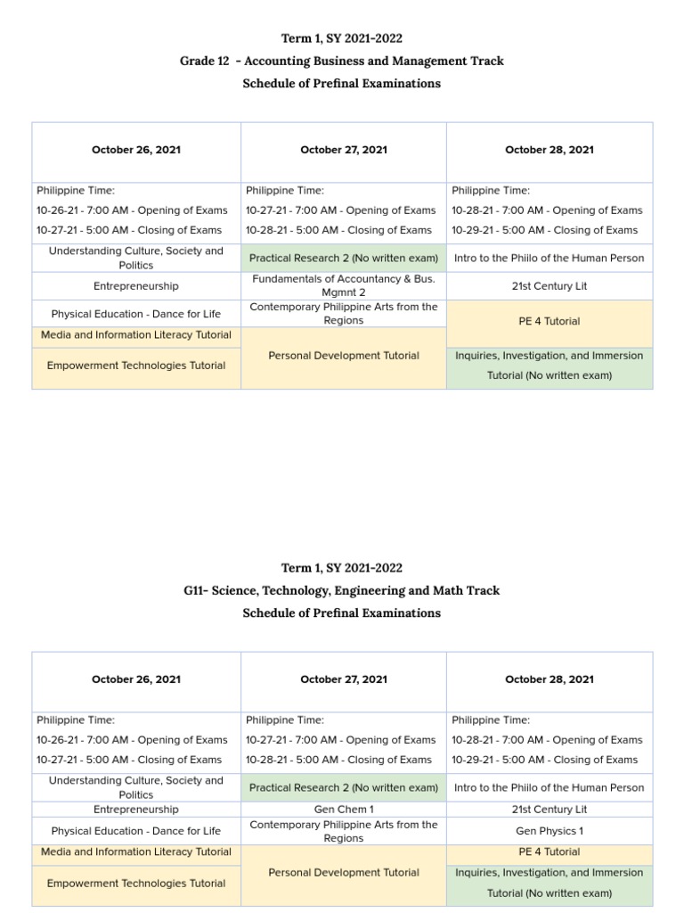 Grade 12 Schedule of Prefinal Exams Term 1 AY 2021-2022 | PDF | Science
