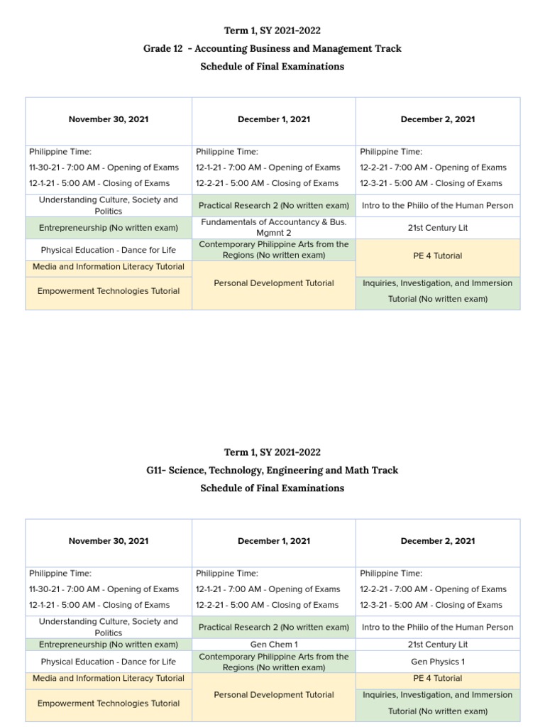 Grade 12 Exam Schedule 2021-2022 | PDF | Science