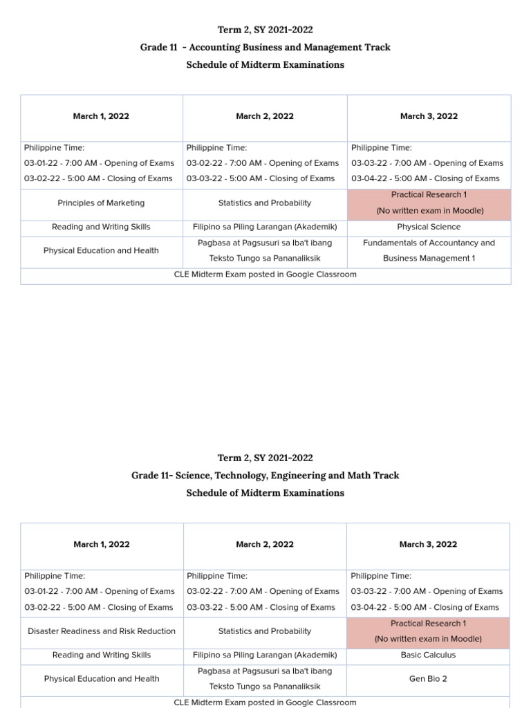 Grade 11 Schedule of Midterm Exams Term 2 AY 2021 2022 | PDF | Science