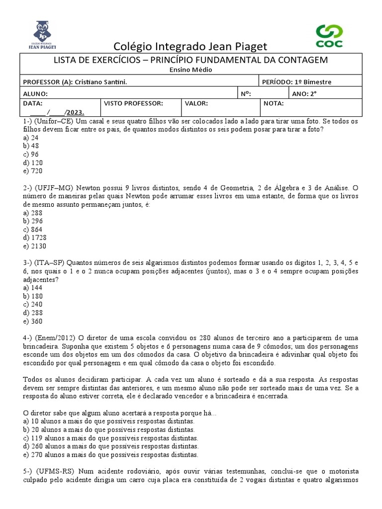 Lista de Exercícios - Princípio Fundamental Da Contagem | PDF