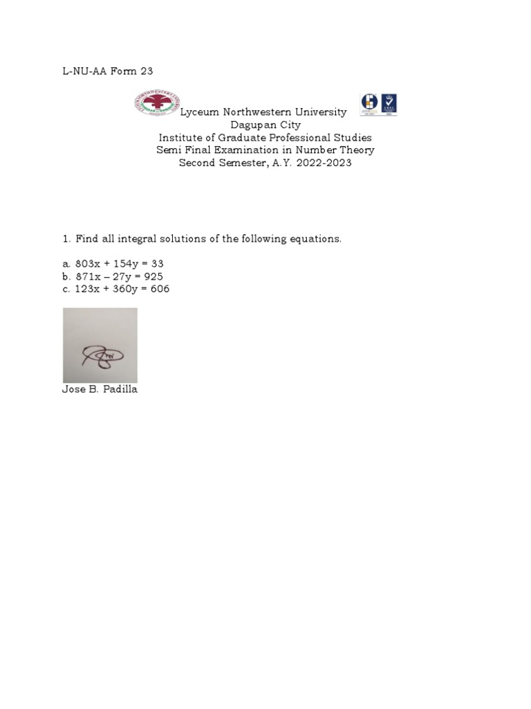 Semi Final Exam in Number Theory | PDF | Teaching Methods & Materials
