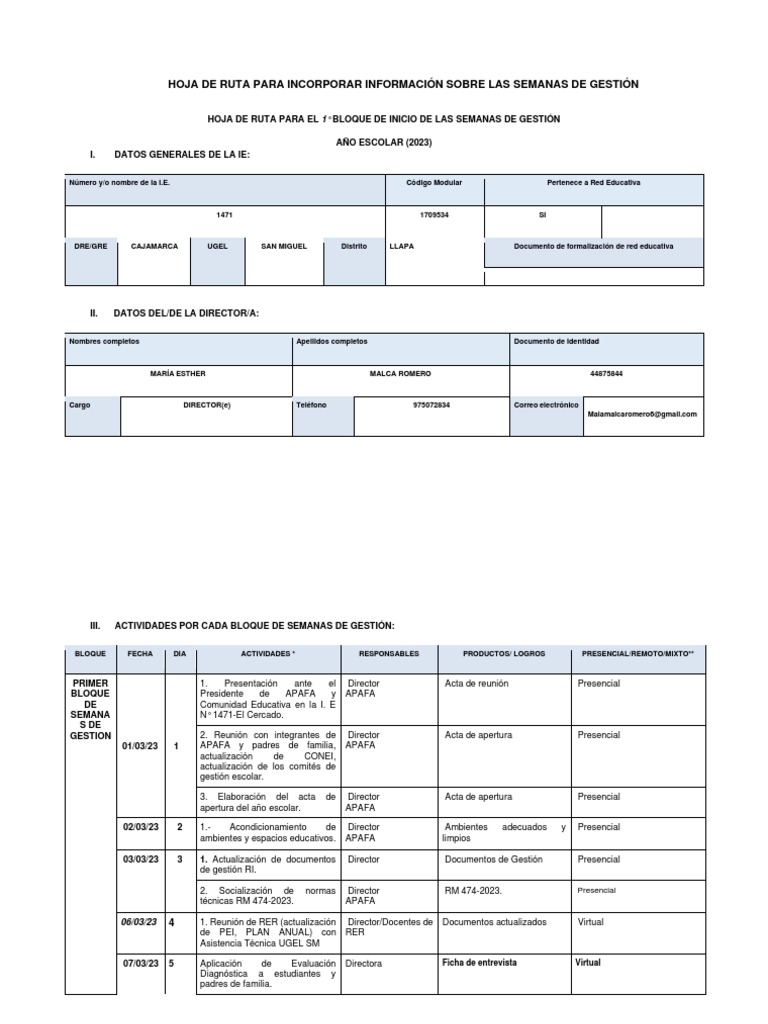 Hoja de Ruta. Primer Bloque Semanas de Gestion | PDF | Aprendizaje