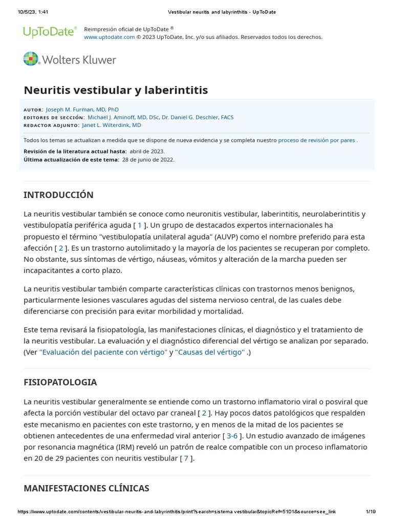 Vestibular Neuritis and Labyrinthitis - UpToDate | PDF | Infarto de ...