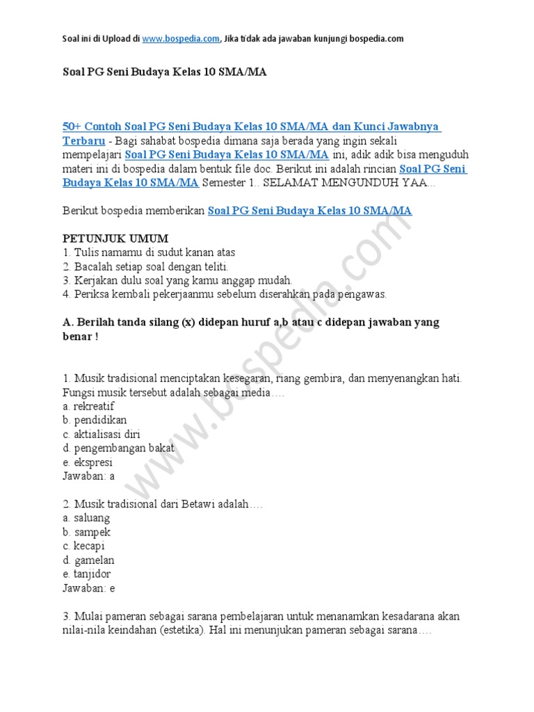 50+ Contoh Soal PG Seni Budaya Kelas 10 SMA MA Dan Kunci Jawabnya | PDF