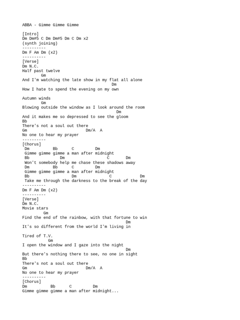 ABBA Song Lyrics: Gimme Gimme Gimme | PDF