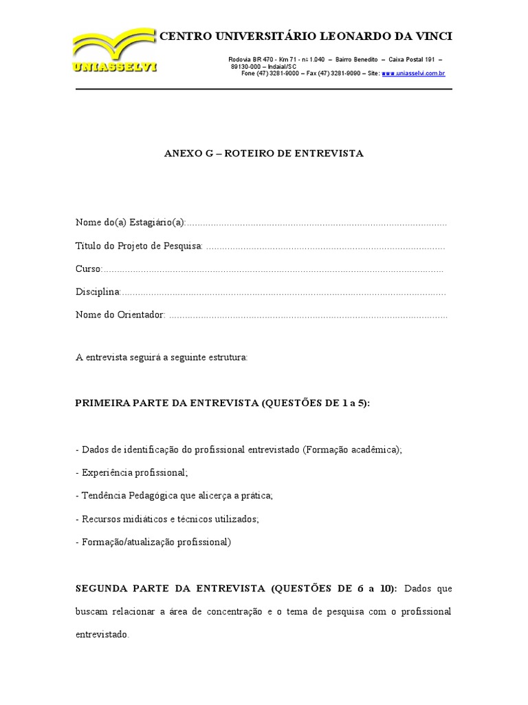 Anexo 6 - Modelo Roteiro de Entrevista | PDF