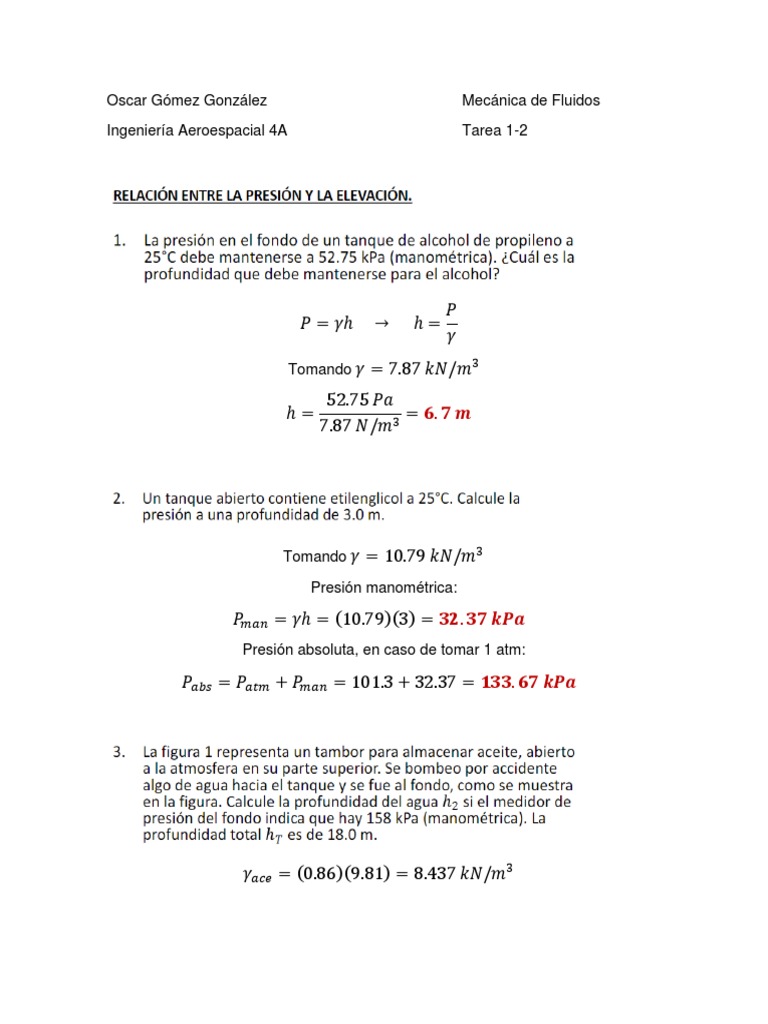 Cálculos de Presión en Mecánica de Fluidos | PDF