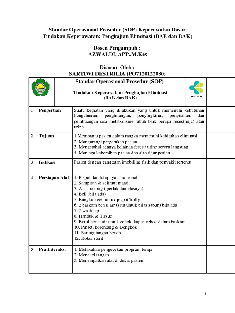Sop Pengkajian Eliminasi Bab Dan Bak | PDF