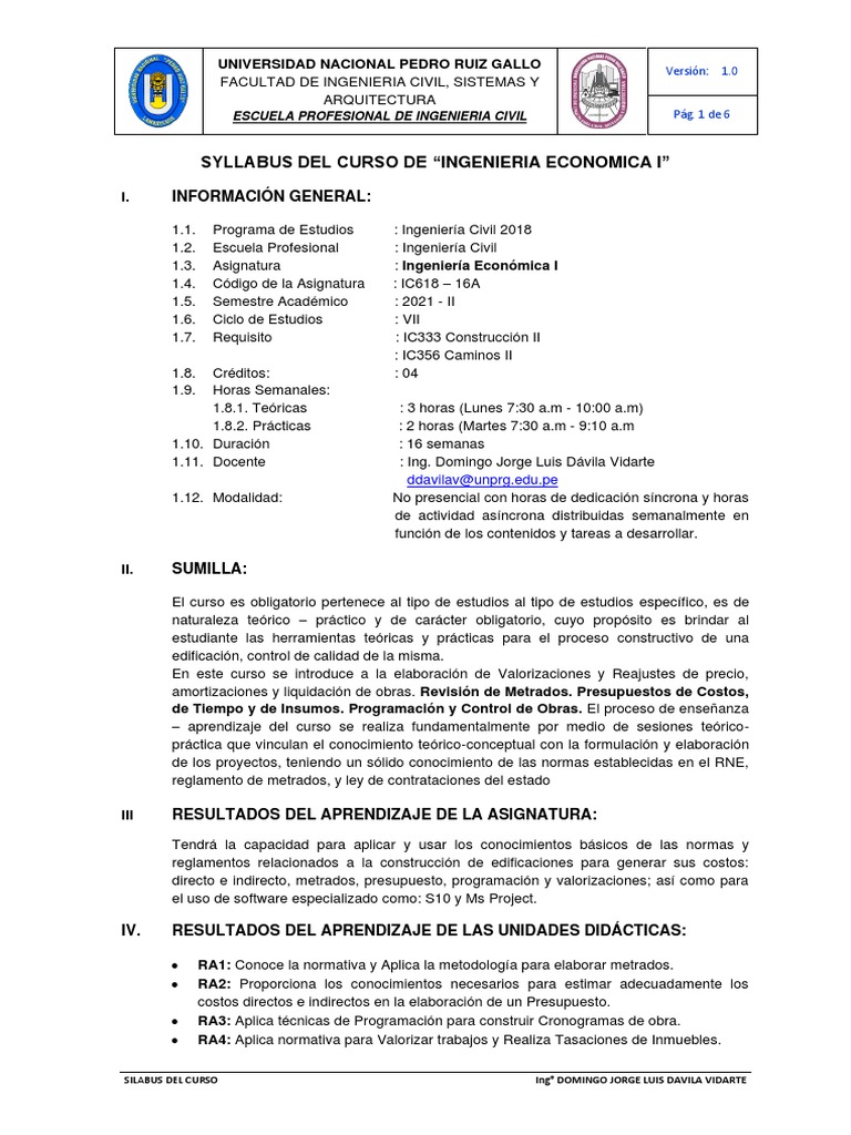 Silabo Actualizado Ingenieria Economica I Virtual - 2021-Ii | PDF | Presupuesto | Ingeniero civil
