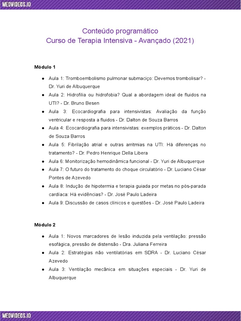 Conteudo Programatico Curso de Terapia Intensiva Avancado 2021 | PDF Conteudo Programatico Curso de Terapia Intensiva Avancado 2021 | PDF