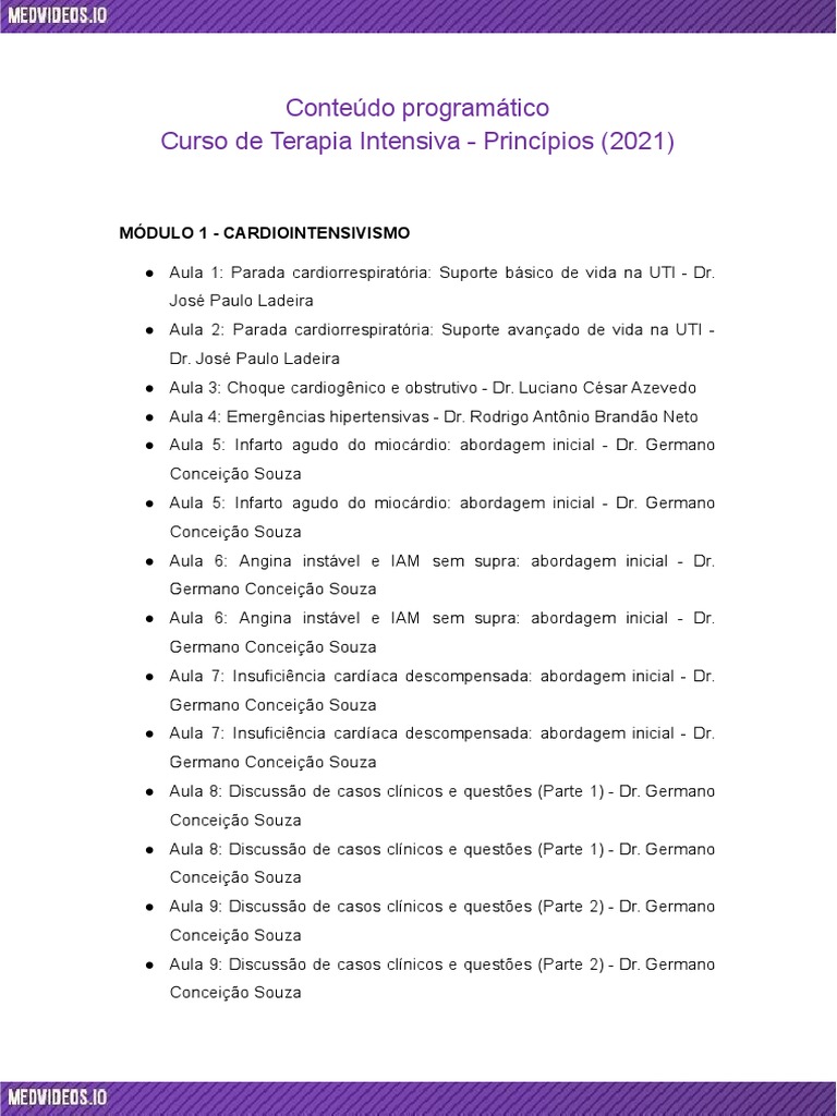 Conteudo Programatico Curso de Terapia Intensiva Principios 2021 | PDF ...