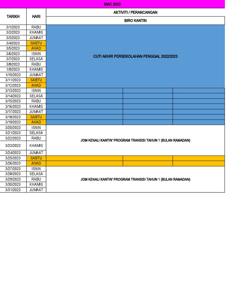Takwim Unit Kantin | PDF