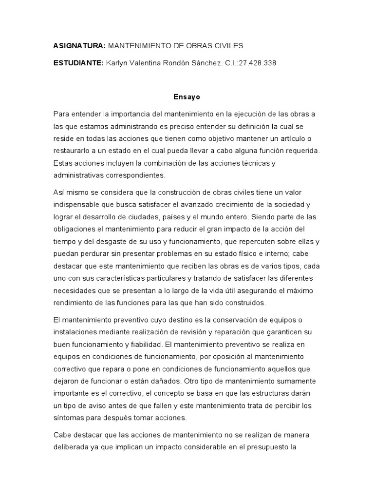 Mantenimiento de Obras Civiles, Karlyn Rondon | PDF | Ingeniería de ...