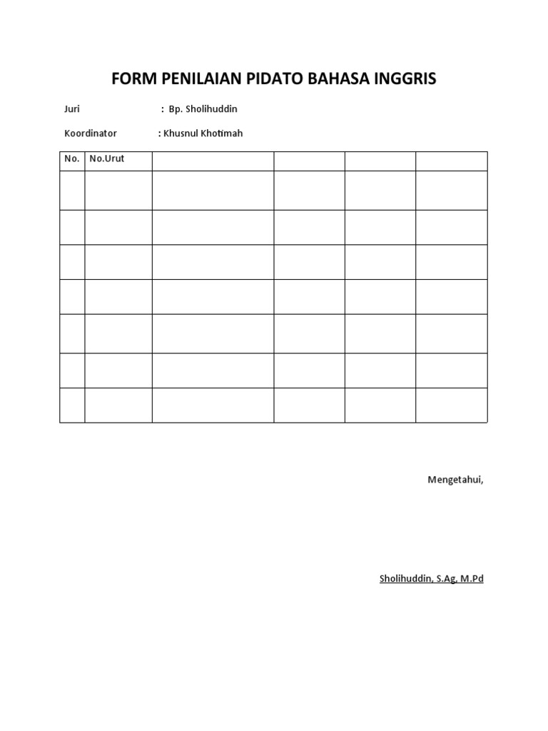 Form Penilaian Pidato Bahasa Inggris | PDF Form Penilaian Pidato Bahasa Inggris | PDF