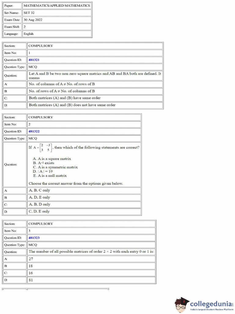 2022 CUET Mathematics Question Paper | PDF