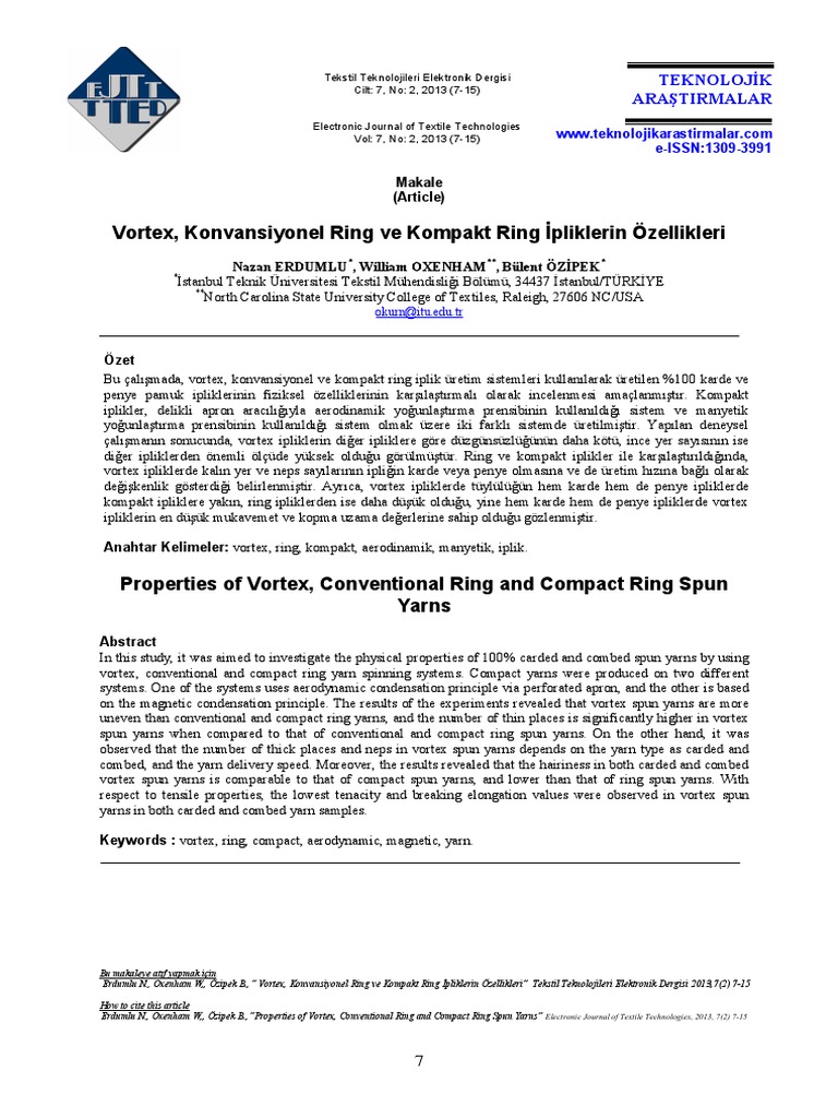 Vortex, Konvansiyonel Ring ve Kompakt Ring İpliklerin Özellikleri. Properties of Vortex ...